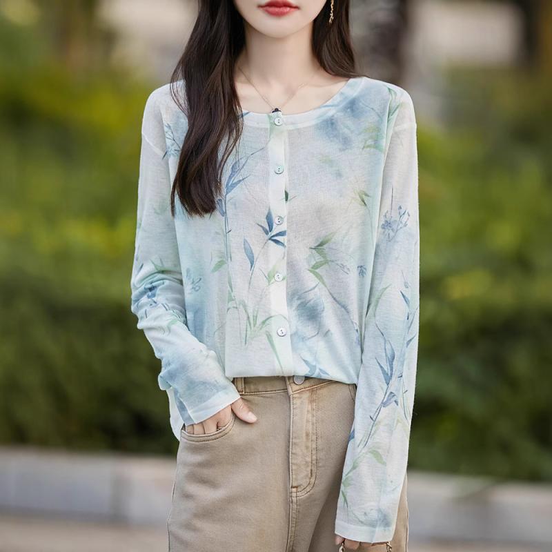 ・素材: 竹節麻・主素材: ポリエステル・柄: 植物花柄・厚み: 薄手・セット: 単品・スタイル: 開襟・シルエット: ルーズ・袖形状: 標準袖・ネック: ラウンドネック・袖丈: ロングスリーブ・ディテール: ボタン・加工: プリント・カラ...