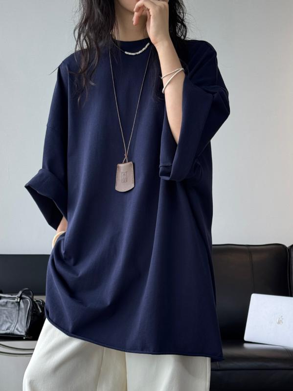 ・素材: コットン・素材含有率: コットン50-70%・柄: 無地・袖丈: 七分袖・シルエット: ルーズ・着丈: 65-80cm・首元: ラウンドネック・袖型: 普通袖・デザイン要素: ステッチ・カラー: ホワイト,ネイビー,ベージュ・サイ...