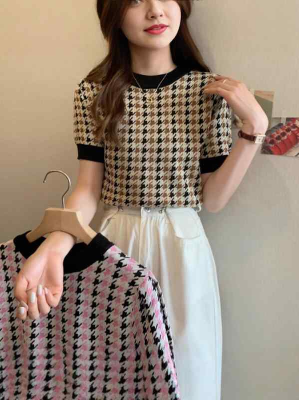 ・素材: コットン95%以上・副素材: ヤギ革30%以下・柄: 千鳥格子・組み合わせ: 単品・シルエット: スリム・袖タイプ: 標準袖・首元: ラウンドネック・袖丈: 3/4袖・衣長: ショート(40cm超～50cm)・加工: ニット・カラ...