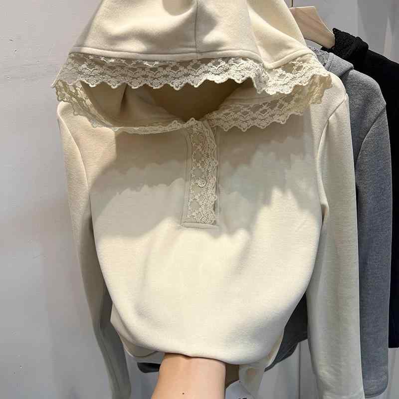 ・素材: スパンデックス・柄: 無地・タイプ: カーディガン・袖丈: 長袖・加工: ステッチ、パッチワーク・シルエット: スリムフィット・首元: フード・袖型: ノーマル・トレンド要素: 無地、ステッチ、レース・カラー: アプリコット、ブラ...