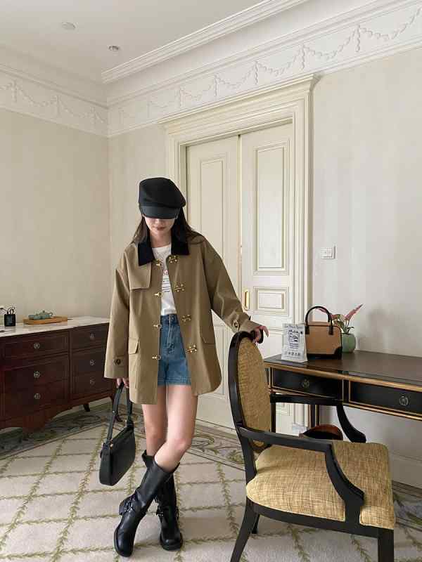 ・柄: 配色・厚み: 中厚・シルエット: ストレート・着丈: 中長款(65cm<着丈≤80cm)・襟型: ポロ襟・袖丈: 長袖・デザイン要素: コントラストカラー・加工: ピース/ステッチ・色: 緑・サイズ: M,L・スタイル: 通勤...