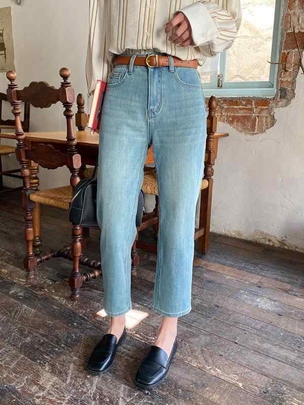 ・素材: コットン50%-70%、ポリエステル30%-50%・生地: デニムコットン・スタイル: ストレートパンツ・丈: 9分丈・腰位置: ハイウエスト・厚み: 厚手・装飾: ポケット・カラー: ライトブルー・サイズ: S,M,L,XL・特...