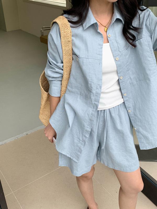 ・素材: リネン70%～80%、コットン30%～50%・カラー: ピンク、黒、白、ナチュラル、水色・サイズ: 上衣均码+裤子M、上衣均码+裤子L・スタイル: 通勤・袖丈: 長袖・袖型: 通常袖・対象: 女性・パターン: 無地・加工: スプライス