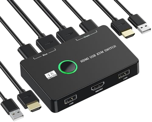 KVMスイッチ-NUIKOTI HDMI KVM切替器 2入力1出力 4K@60Hzをサポート 2台のコンピューター用のUSB HDMIスイッチ キーボードマウスプリンターと1台のHDモニターを共有 USBケーブル2本とHDMIケーブル2本...