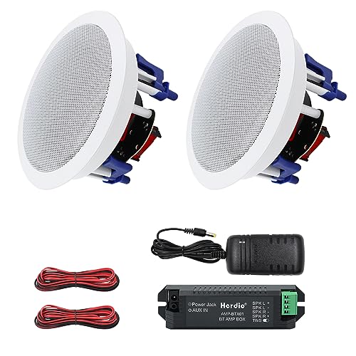 Herdio 300W Bluetooth 天井埋め込み型スピーカー 2ウェイ/ラウンド型/1本 ホワイト 18.5cm 8Ω 天井スピーカー・高度な5.0 ブルートゥーステクノロジー：独立したブルートゥースデジタルアンプボックスは、ステレ...