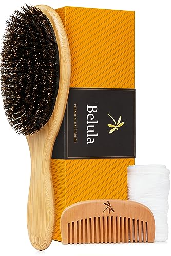 100% 猪毛ヘアブラシセット。薄く細い髪専用の柔らかい天然毛。ツヤと手触りを取り戻す。木製コーム、トラベルバッグ、スパヘッドバンド付き！・✅自然のツヤと手触りを取り戻す - 当社の柔らかい猪毛ヘアブラシは、頭皮から皮脂（天然オイル）を毛先...