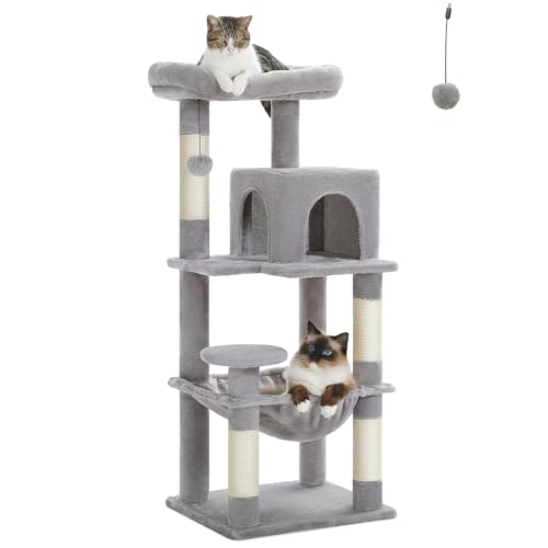 PETEPELA(ぺテぺラ) キャットタワー スリム コンパクト 猫タワー 据え置き 置き型 省スペース ハンモック 爪研ぎ 見晴台 人気 ボンボン 天然麻紐 シンプル 運動不足解消 多頭飼い - グレー M 高さ116cm・【商品仕様】M...