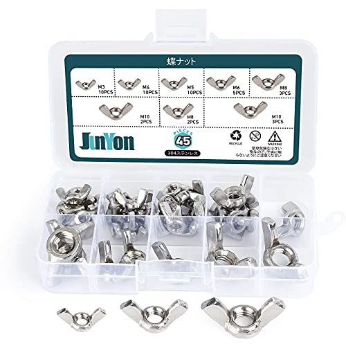 JUNYON 304ステンレス製 蝶ナット ウイングナット メトリックM3 M4 M5 M6 M8 M10 45個入り・ナット両面は翼げ付き、ただ手で捻じます。・装置しやすく、繰り返し使用できる、部件の連接し便利です。・よく機械、石油、通信...