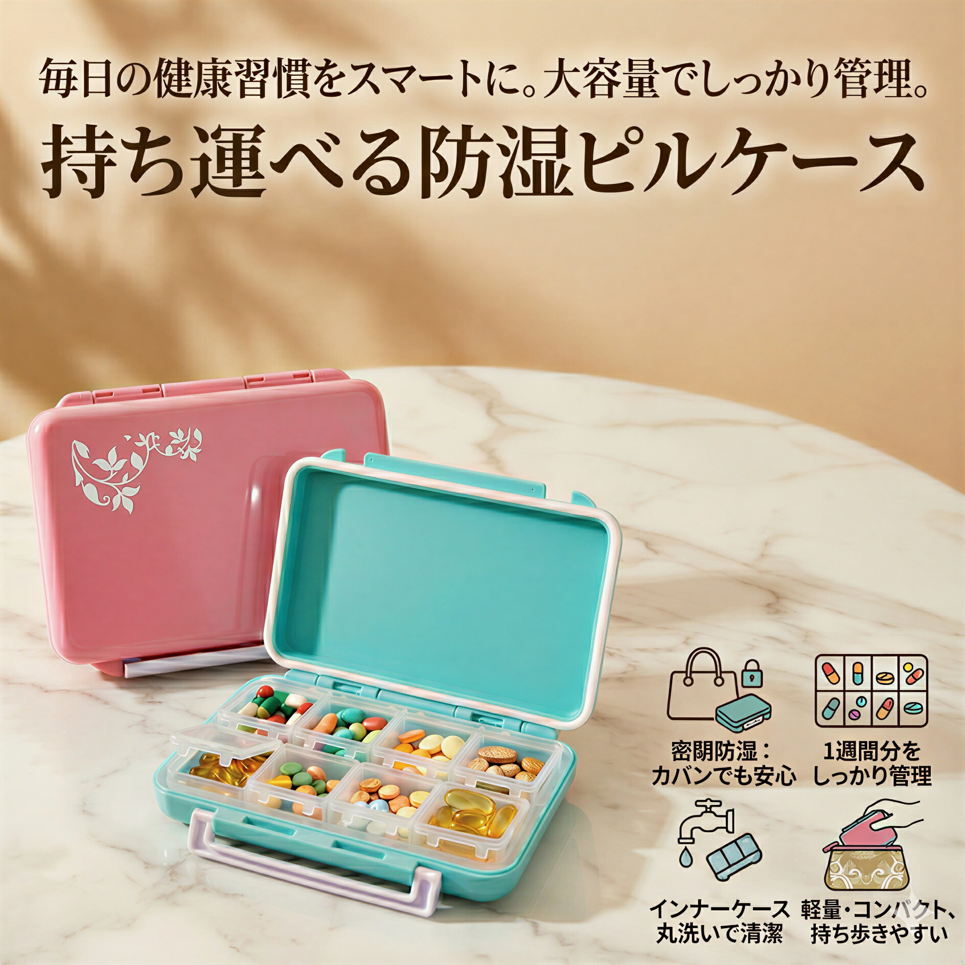 実用的 携帯ピルケース 錠剤ケース ・ピンク　薄型　防湿機能付き小物入れ　アクセサリーケース　可愛い おしゃれ 雑貨 Fullicon薄型・お手入れしやすいピルケース 5