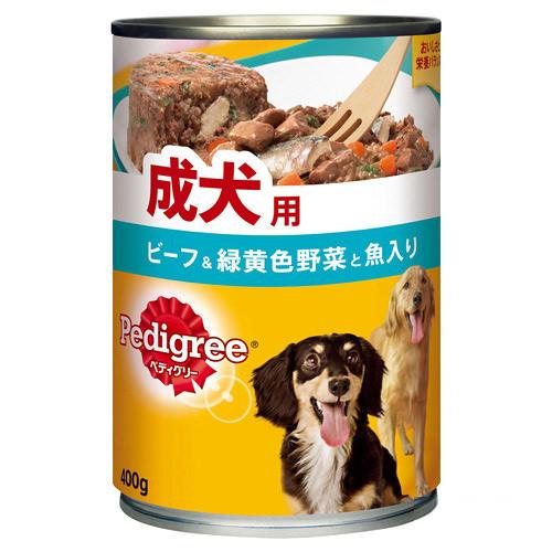 メーカー：マース品番：P11厳選した栄養たっぷりの素材を缶詰にしました。ぺディグリー　成犬用　ビーフ＆緑黄色野菜と魚入り　400g×2缶対象全犬種タイプウェットフード機能総合栄養食ライフステージ成犬特長●愛犬の大好きなビーフとビタミン豊富な...