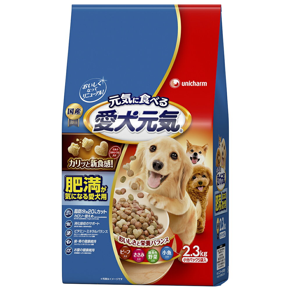 メーカー：ユニチャームおいしさと栄養バランスを考慮したドッグフード！愛犬元気　肥満が気になる愛犬用　2．3kg対象全犬種タイプドライフード機能総合栄養食ライフステージオールステージ特長●おいしさと栄養バランスを考慮したドッグフードです。●肥...