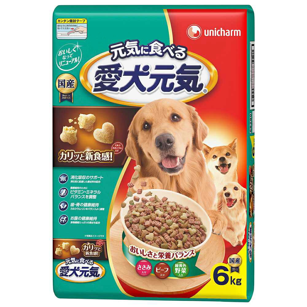 メーカー：ユニチャームおいしさと栄養がぎっしり！ユニ・チャーム　愛犬元気　全成長段階用 ささみ・ビーフ・緑黄色野菜　6kg対象犬タイプドライフード機能総合栄養食ライフステージ全成長段階特長●良質なタンパク質やカルシウムなど必要な栄養がバラン...