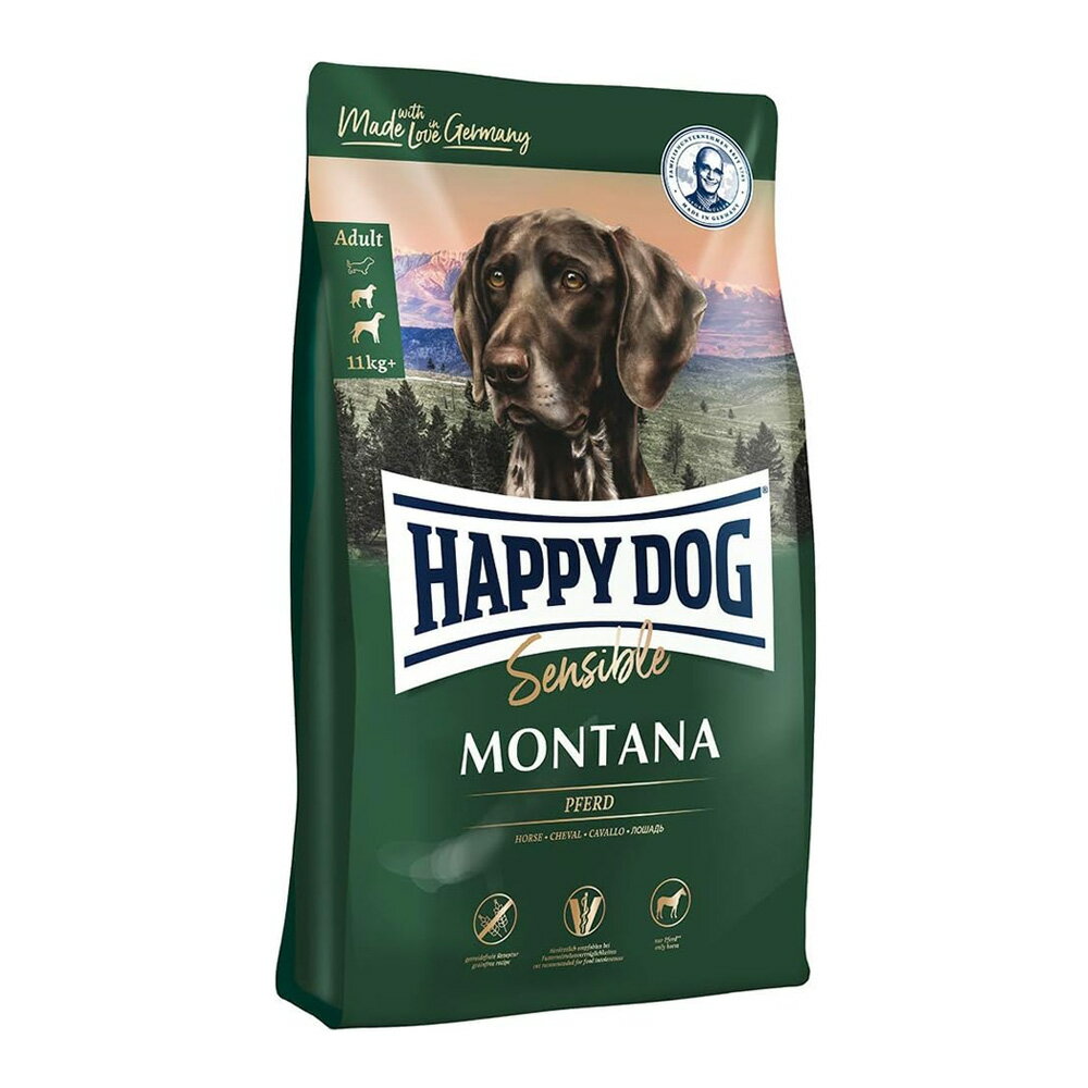 メーカー：ハッピードッグ　キャ品番：60487グルメで敏感な中・大型犬総合栄養食HAPPY　DOG　センシブル　モンタナ（馬肉）　1kg対象中・大型犬タイプドライフード機能総合栄養食ライフステージ成犬〜高齢犬特長●良質な馬肉を使用し、グルテ...
