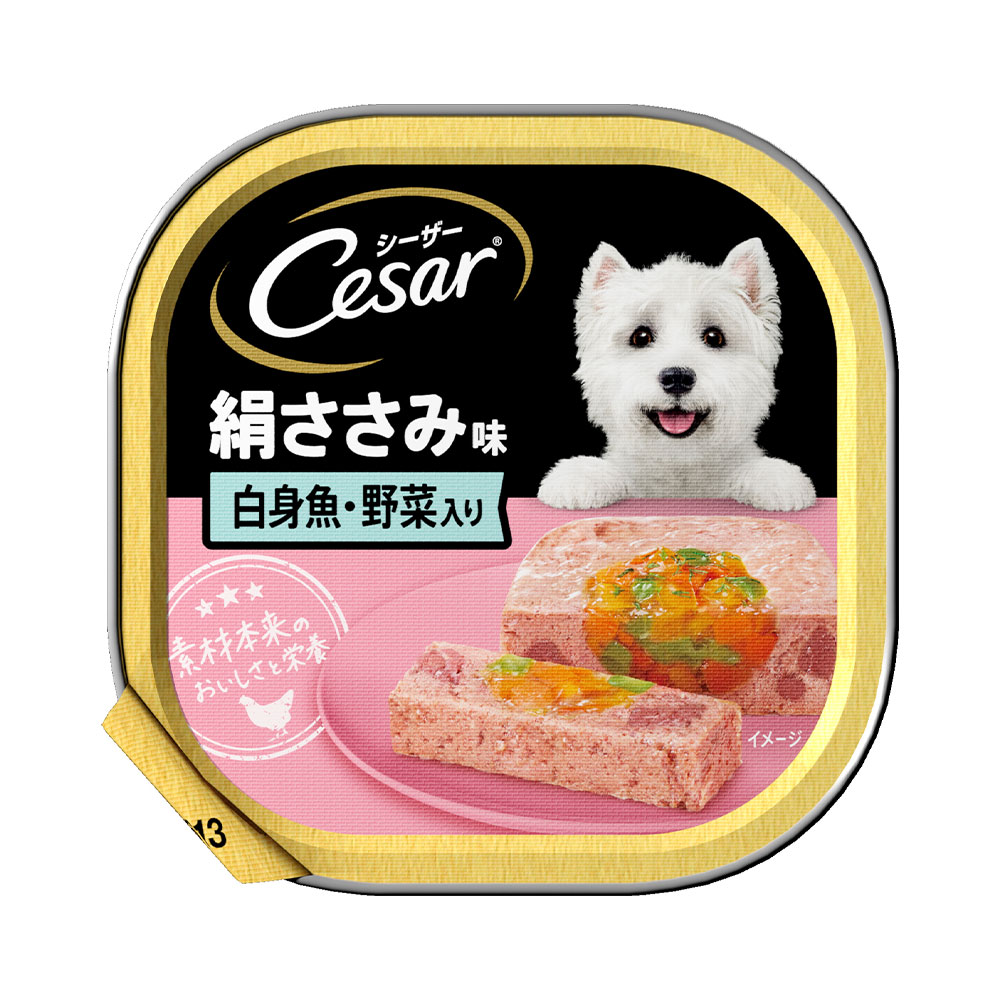 メーカー：マース品番：CE13N素材や美味しさ・栄養バランスにこだわりました！マース　シーザー　絹ささみ味　白身魚・野菜入り　100g対象全犬種タイプウェットフード機能総合栄養食ライフステージ成犬特長 ●ウェットタイプの成犬用総合栄養食です...