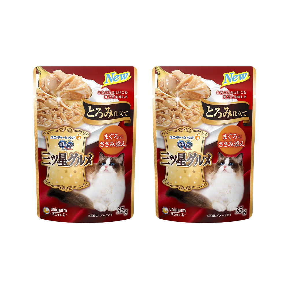 メーカー：ユニチャーム品番：235247香りとお魚の美味しさを味わえる猫用ウェットフード！銀のスプーン　三ツ星グルメパウチ　とろみ仕立て　まぐろにささみ添え　35g×2袋対象猫タイプウェットフード機能一般食ライフステージオールステージ特長●...
