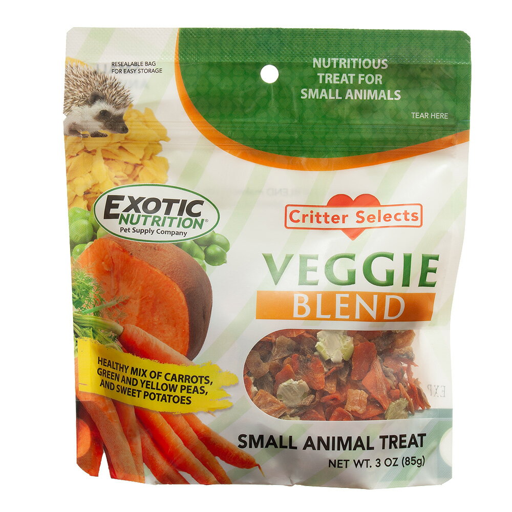 メーカー：EXOTIC NUTRITION栄養豊富な小動物用おやつ！EXOTIC　NUTRITION　フルーツベジーブレンド　85g対象うさぎ、モルモット、デグー、チンチラ、リス、ハムスター、ハリネズミなど、小動物全般特長●野菜の栄養が豊富...