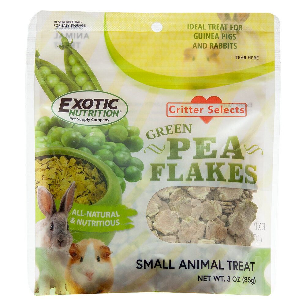 メーカー：EXOTIC NUTRITION栄養価の高い小動物用おやつ！EXOTIC　NUTRITION　グリーンピースフレーク　85g対象うさぎ、モルモット、デグー、チンチラ、リス、ハムスター、ハリネズミなど、小動物全般特長●グリンピースの...