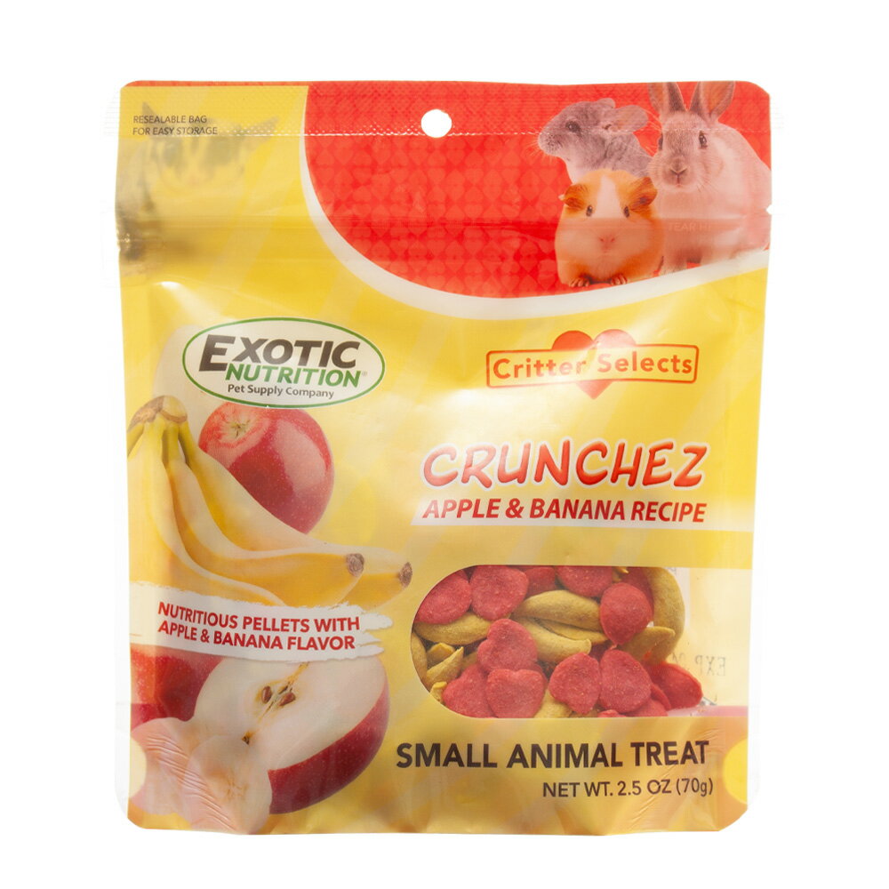 りんごとバナナを使用した小動物用のおやつ！EXOTIC　NUTRITION　クランチ　アップル＆バナナレシピ　70g対象うさぎ、モルモット、チンチラ、モモンガ、リス、ハムスターなど、果物を食べる小動物特長●小動物が好きなりんごとバナナを使用...