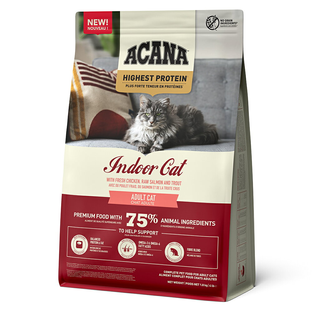 メーカー：アカナ動物性原料を75％使用したナチュラルフード！アカナ　ハイエストプロテイン　インドアキャット　1．8kg　正規品対象猫タイプドライフード機能総合栄養食ライフステージオールステージ特長●室内飼いの成猫に配慮した栄養バランスで、体...