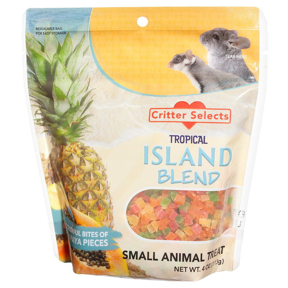 カラフルなおやつ！EXOTIC　NUTRITION　トロピカルアイランドブレンド　113g対象うさぎ、モルモット、チンチラ、ハムスター、フクロモモンガ、リス、ハリネズミなどの小動物特長●ドライパパイヤのカラフルな小動物用おやつです。●小型の...