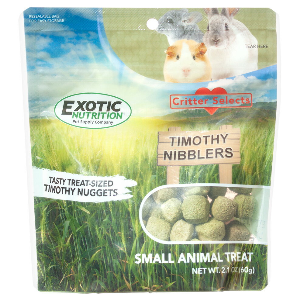 チモシーを使用したおやつ！EXOTIC　NUTRITION　チモシーニブラーズ　60g対象うさぎ、モルモット、チンチラ、デグーなどの小動物特長●チモシーを使用したペレットタイプの小動物用おやつです。●栄養価が高く、ビタミンも豊富に含まれてい...