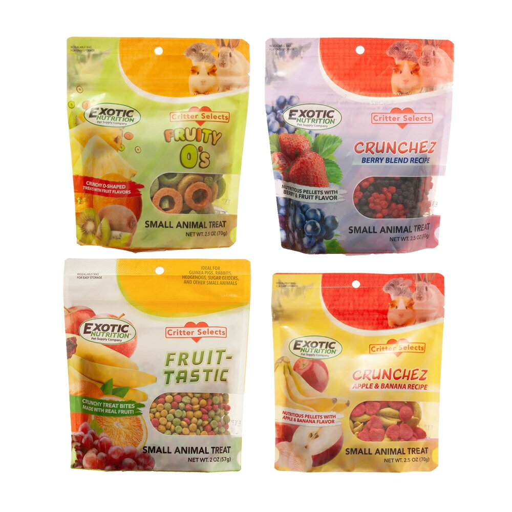 メーカー：EXOTIC NUTRITIONフルーツがメインの小動物用おやつ！EXOTIC　NUTRITION　フルーティーオーズトリーツ　70g対象うさぎ、モルモット、チンチラ、モモンガ、リス、ハムスターなど、果物を食べる小動物特長【フルー...