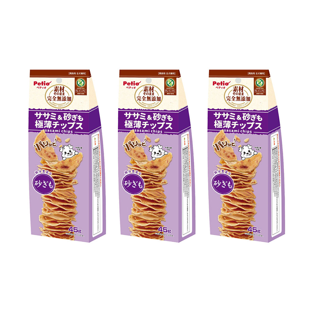 メーカー：ペティオ品番：W14235 ▼割▼好みのサイズに割っても食べやすい極薄チップス！素材そのまま　完全無添加　ササミ＆砂ぎも　パリッと　極薄チップス　45g×3対象全犬種機能おやつライフステージ生後6ヶ月から特長●食品添加物は一切使用...