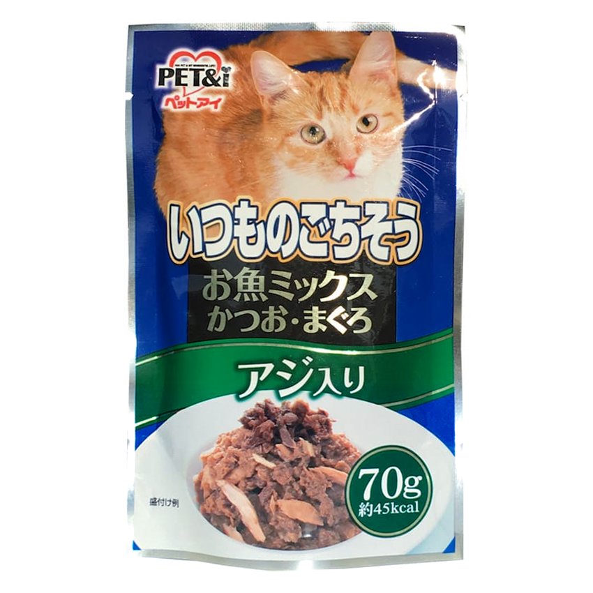 メーカー：ペットアイいつものおいしさ！いつものごちそう　お魚ミックス　かつお・まぐろ・アジ入り　70g×48対象猫タイプウェットフード機能一般食ライフステージオールステージ特長●かつおとまぐろの血合肉ベースのゼリー仕立てです。●アジ入りです...
