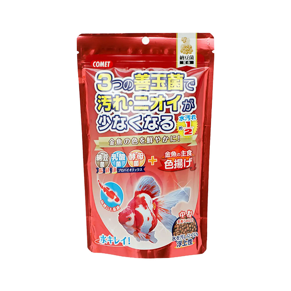 メーカー：イトスイ3つの善玉菌で汚れ・ニオイが少なくなる！コメット　金魚の主食納豆菌　色揚げ　中粒　200g　浮上性対象全長7cm以上の金魚タイプ顆粒（浮上性）特長●カロチノイド豊富なスピルリナを配合した、金魚の色を鮮やかにする色揚げ用栄養...