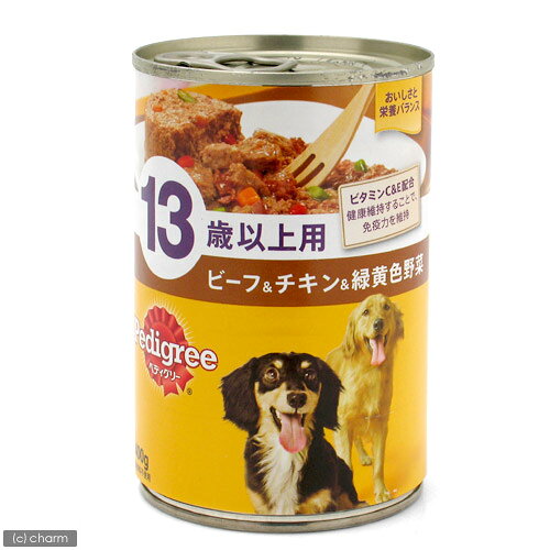 メーカー：マース品番：P13213歳からのシニア犬のためにつくられたヘルシーな缶詰シリーズペディグリー　13歳以上用　ビーフ＆チキン＆緑黄色野菜　400g　対象犬タイプウェットフード機能総合栄養食ライフステージ高齢犬（13歳以上）特長●13...