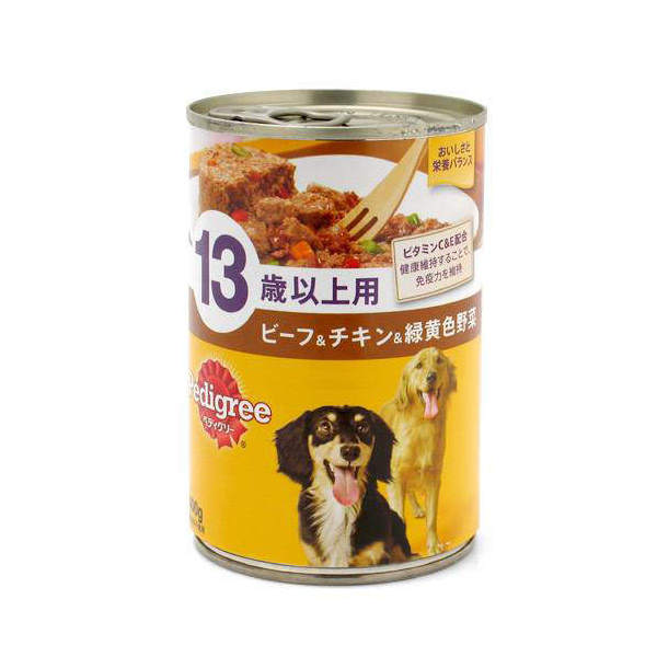 メーカー：マース品番：P132※本品は高齢犬（13歳以上）用です。対象以外の犬には与えないでください。13歳からのシニア犬のためにつくられたヘルシーな缶詰シリーズペディグリー　13歳以上用　ビーフ＆チキン＆緑黄色野菜　400g×2缶対象犬タ...