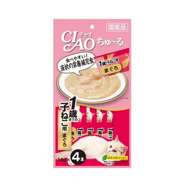 メーカー：いなば品番：SC-80食べきりサイズのおやつ！CIAO　ちゅ〜る　1歳までの子ねこ用　まぐろ　14g×4本対象猫タイプウェットフード（液状）機能栄養補完食（総合栄養食と一緒にお与えください。）ライフステージ1歳までの幼猫特長●今ま...