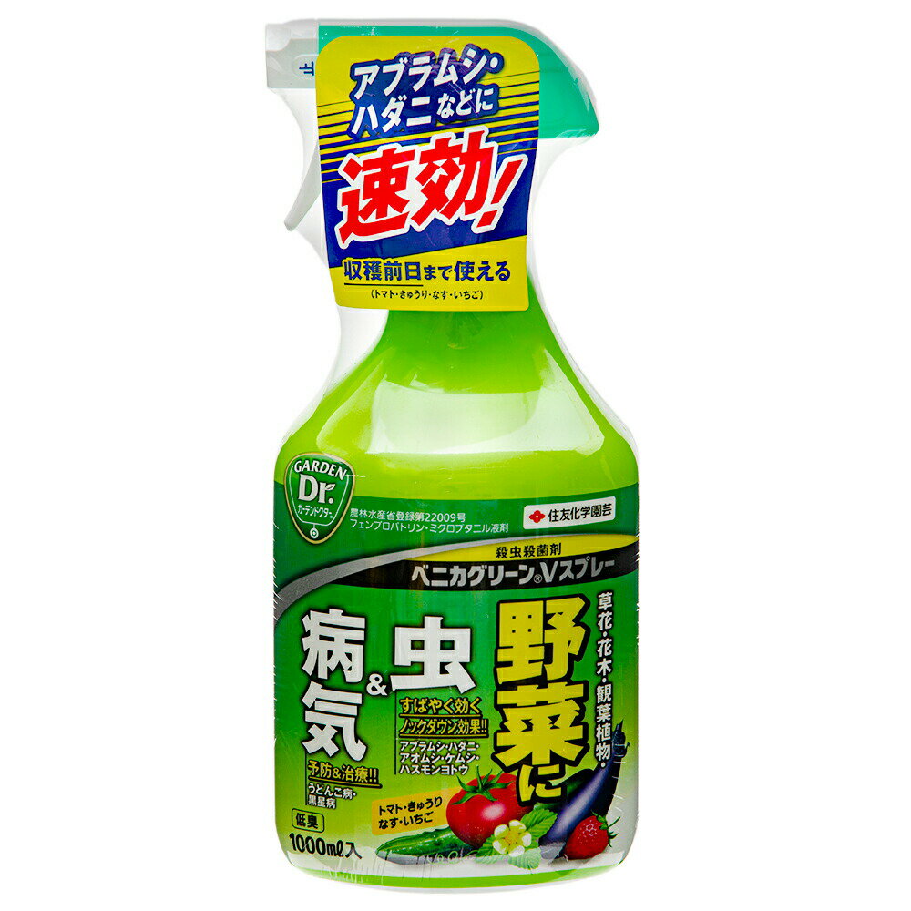 メーカー：住友化学野菜の収穫前日まで使える殺虫殺菌スプレー！殺虫・殺菌剤　ベニカグリーンVスプレー　1000mL対象［害虫］アブラムシ類、コナジラミ類、ハダニ類、ツツジグンバイ、ツノロウムシ、アオムシ、ハスモンヨトウ、チャドクガ、アメリカシ...