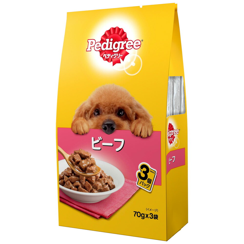 メーカー：マース品番：PWP5おいしくて、ドライフードよりも低カロリー！ぺディグリー　成犬用　ビーフ　70g×3袋対象全犬種タイプウェットフード機能総合栄養食ライフステージ成犬特長●愛犬に必要な栄養がきちんとつまったバランスの取れたウェット...