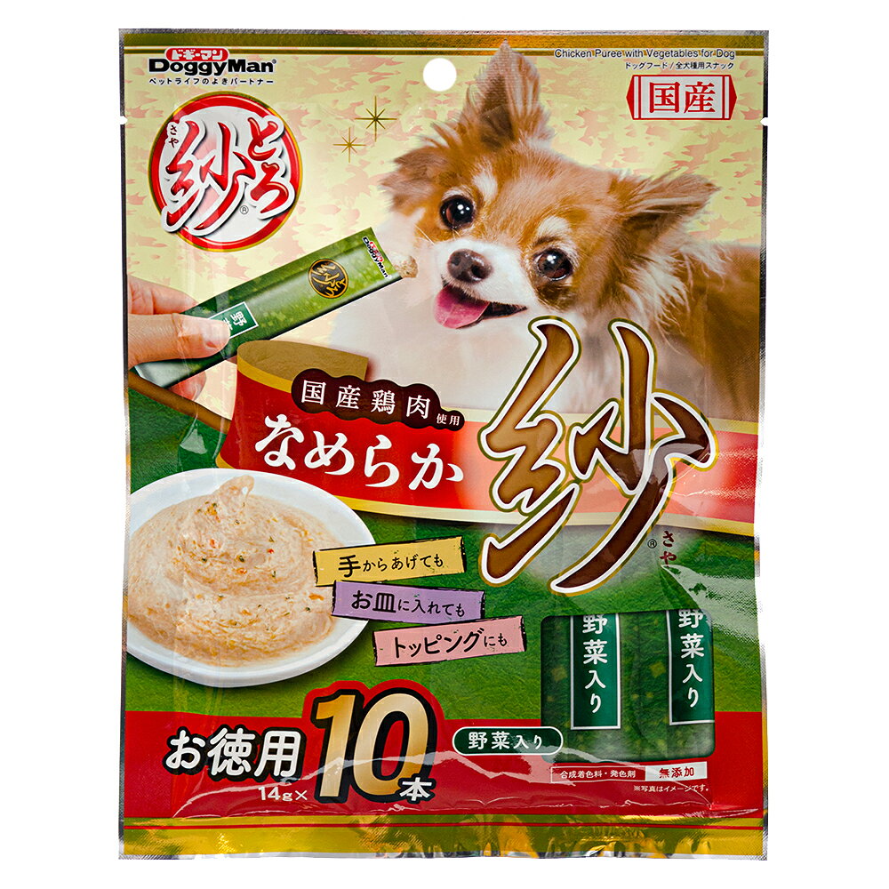 メーカー：ドギーマン品番：82413国産鶏ささみと胸肉を贅沢に使った、濃厚うまとろペーストおやつ！ドギーマン　とろ紗　野菜入り　14g×10本対象全犬種機能おやつライフステージ生後2ヶ月以上特長●国産鶏ささみと胸肉を贅沢に使った、濃厚うまと...