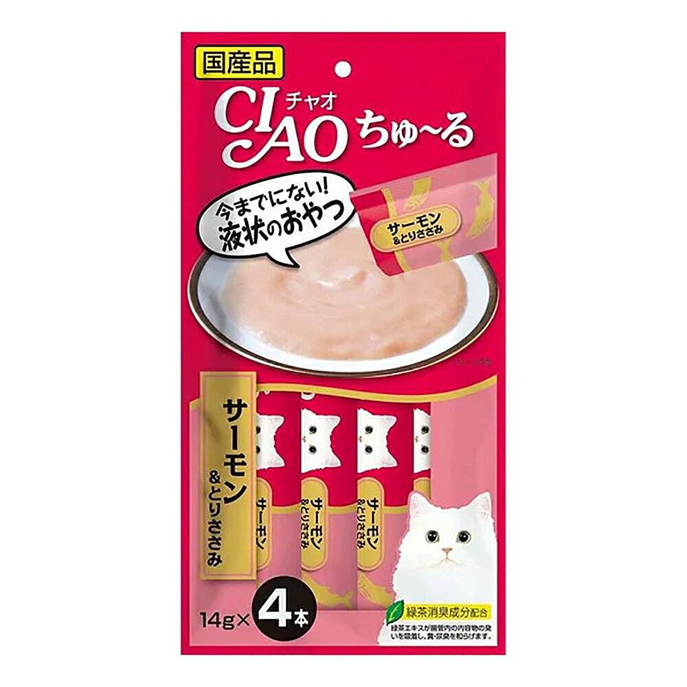 メーカー：いなば品番：SC-146※離乳前の幼猫には与えないでください。舐めて食べられる、食べきりサイズの美味しい液状おやつ！いなば　CIAO(チャオ）ちゅ〜る　サーモン＆とりささみ　14g×4本対象猫タイプウェットフード機能おやつライフス...