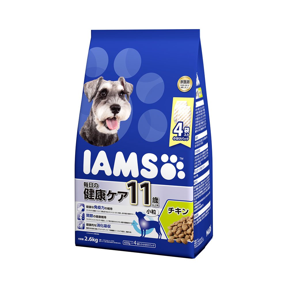 メーカー：アイムス品番：ID241獣医さんおすすめ！アイムス　11歳以上用　毎日の健康ケア　チキン　小粒　2．6kg対象全犬種タイプドライフード機能総合栄養食ライフステージ高齢犬（11歳以上〜）特長●高齢のわんちゃんに適した栄養を摂ることが...