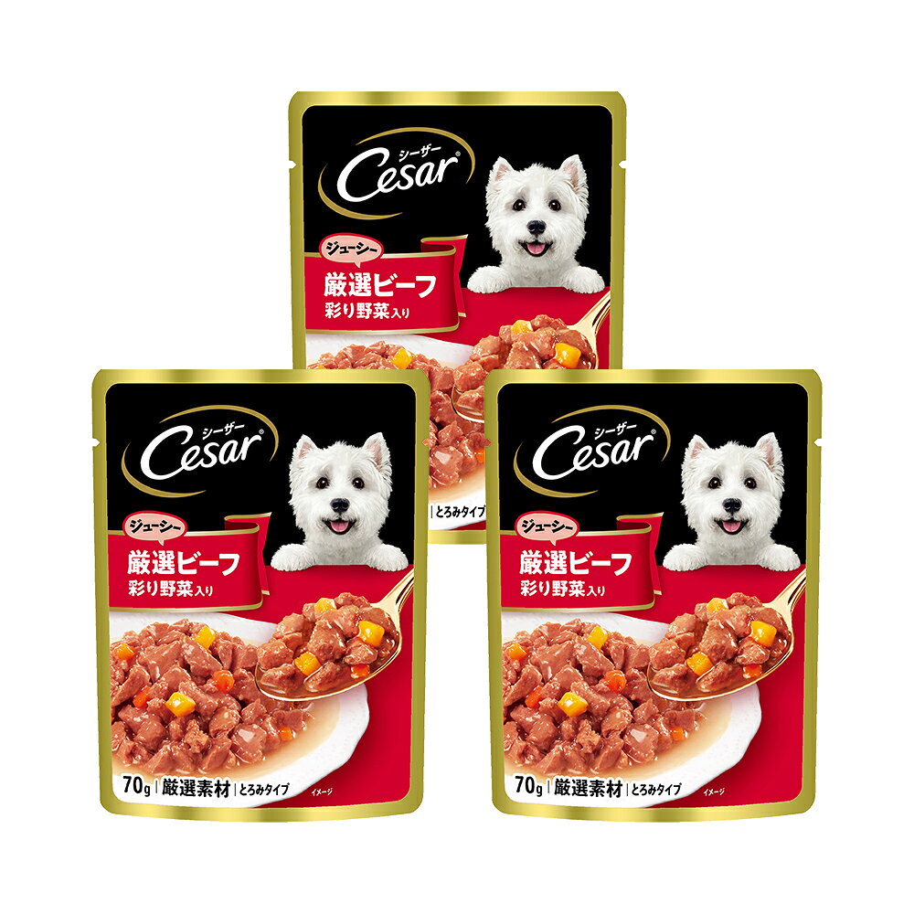 メーカー：マース品番：CEP9※本品はリニューアル中です。画像・説明文とは異なるリニューアル後の商品のお届けとなる場合がございます。ご了承ください。愛犬のお食事を、もっとおいしく幸せに！マース　シーザー厳選ビーフ入り　野菜入り　70g×3袋...