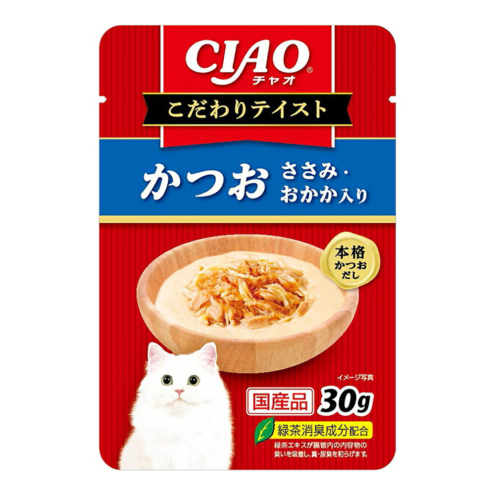メーカー：いなば品番：IC-502厳選された素材を使用したこだわりシリーズ！CIAO　チャオ　こだわりテイストかつお　ささみ・おかか入り　30g対象猫タイプウェットフード機能一般食（総合栄養食と一緒にお与えください）ライフステージオールステ...