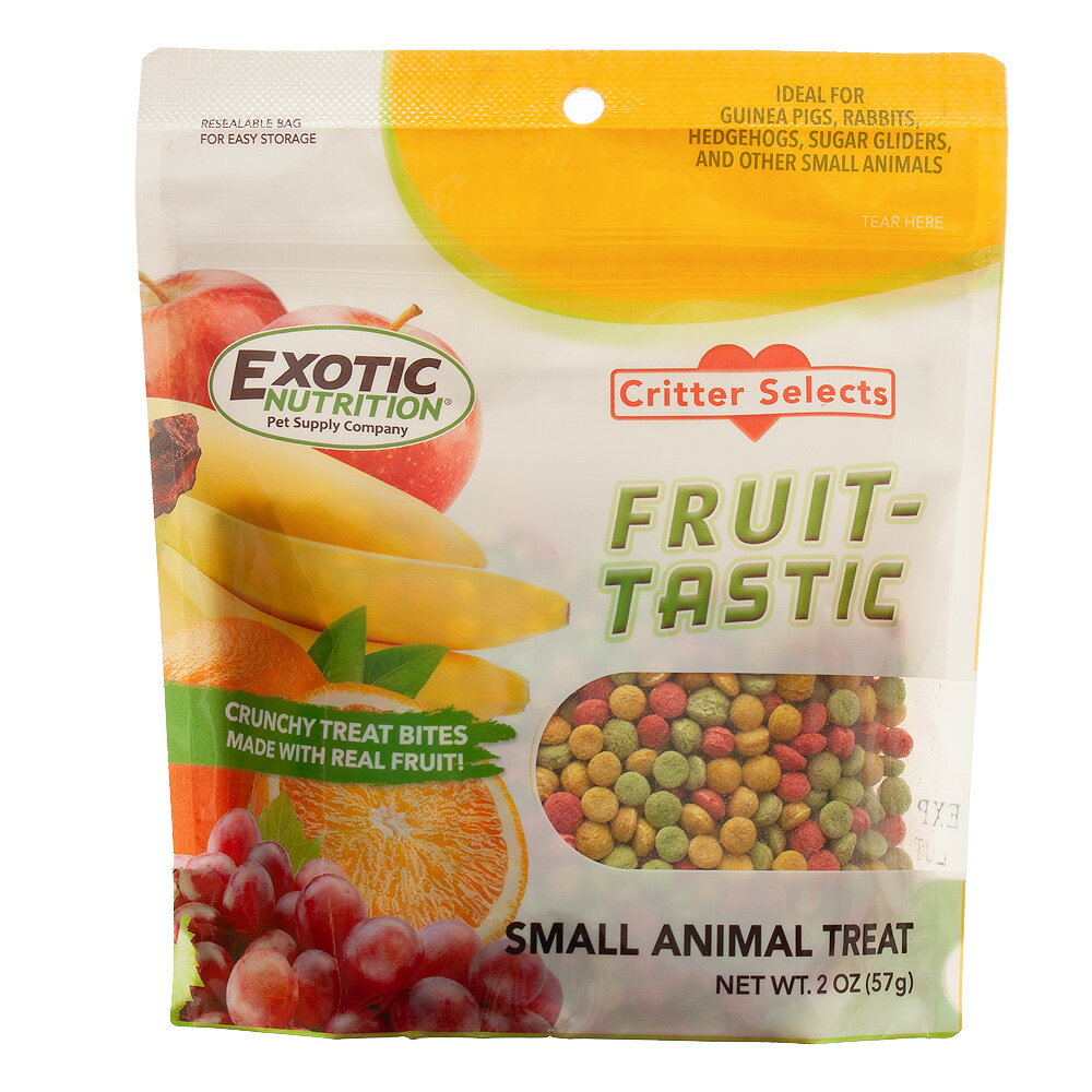メーカー：EXOTIC NUTRITION様々なフルーツを使用した小動物用おやつ！EXOTIC　NUTRITION　フルーツタスティック　57g対象うさぎ、モルモット、チンチラ、モモンガ、リス、ハムスター、ハリネズミなど、果物を食べる小動物...