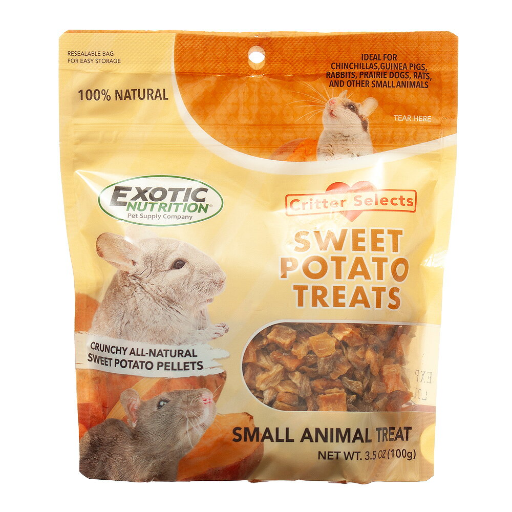 メーカー：EXOTIC NUTRITION小動物が好きなさつまいものおやつ！EXOTIC　NUTRITION　スイートポテトトリーツ　100g対象うさぎ、モルモット、チンチラ、リス、ハムスターなどの小動物特長●様々な小動物が大好きなさつまい...