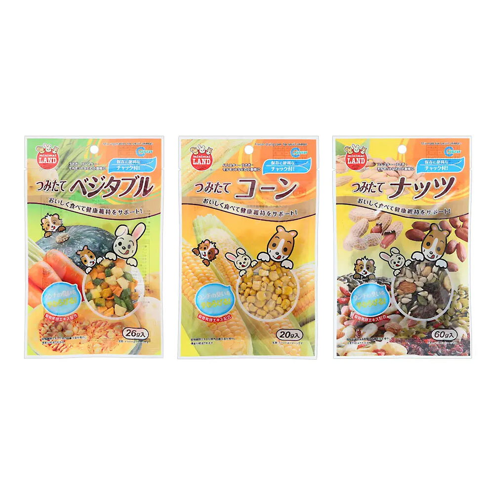 メーカー：マルカンおいしく食べて健康維持をサポート！マルカン　つみたてシリーズ　3種各1袋対象ハムスター、うさぎ、モルモットなどの小動物セット内容マルカン　つみたてコーン　20g×1マルカン　つみたてナッツ　60g×1マルカン　つみたてベジ...