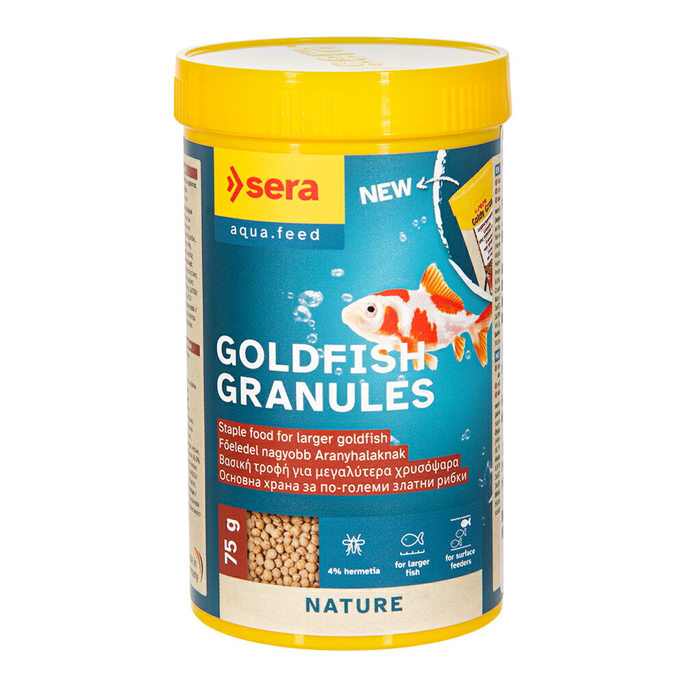 メーカー：セラジャパン中型から大きな金魚向けの、浮遊性顆粒フード！sera　ゴールドフィッシュ　GRANULES　250ml（75g）対象金魚（中〜大型）・冷淡水魚特長●中型から大型金魚向けの顆粒フードです。●タンパク質源として昆虫ミール（...