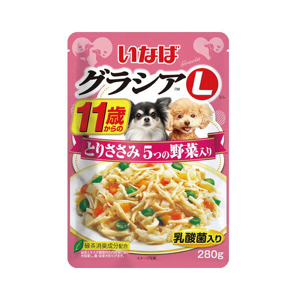 メーカー：いなば品番：GL-44乳酸菌を配合した大容量サイズの総合栄養食が登場！いなば　グラシアL　11歳からのとりささみ　5つの野菜入り　280g対象全犬種タイプウェットフード機能総合栄養食ライフステージ11歳以上の高齢犬特長●とりささみ...