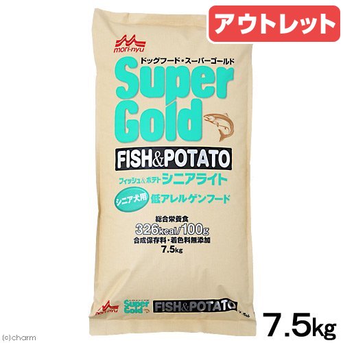 メーカー：森乳アウトレット理由パッケージ破損のためアウトレット価格になっております。魚とポテトが主原料の低アレルゲンフードです。森乳　スーパーゴールド　フィッシュ＆ポテト　シニアライト　7．5kg対象全犬種タイプドライフード機能総合栄養食ラ...