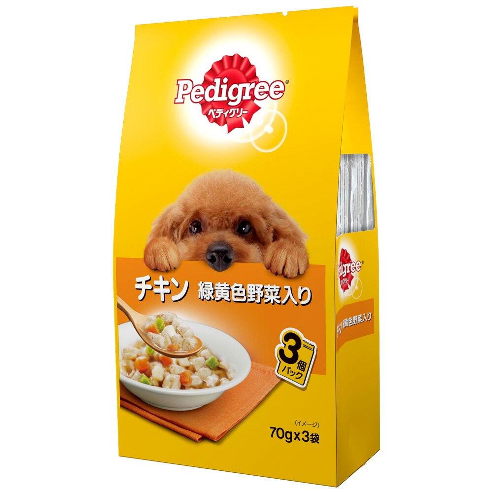 メーカー：マース品番：P116便利な3袋パック！ペディグリー　成犬用　チキン　緑黄色野菜入り　70g×3袋対象全犬種タイプウェットフード機能総合栄養食ライフステージ成犬特長●愛犬の大好きなチキンと緑黄色野菜でおいしく仕上げました。●必要な栄...
