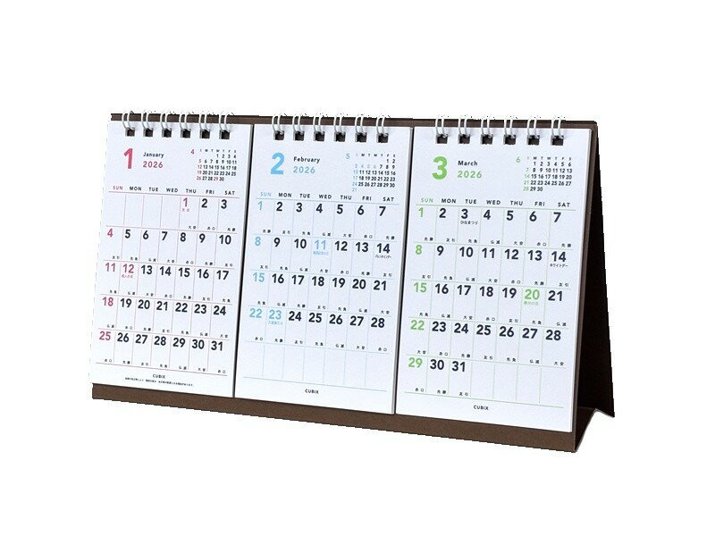 商品説明 スタンダードサイズの卓上3ヶ月カレンダー。各月がバラバラにめくれるので前後の月の予定確認が容易です。 サイズ：（約）縦12.7×横22×厚5.5cm（使用時） 枚数：12枚（3P各4枚） 材質：本体：紙　リング部分：スチール 【備...