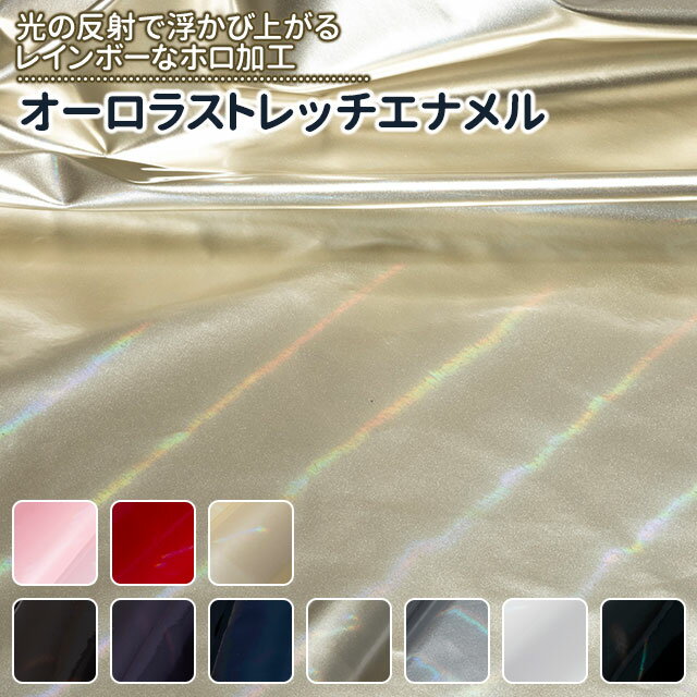 ■価格は10cmの値段です。 ■ご注文は個数5（50cm）以上からお受けさせて頂きます。 オーロラホロ加工とストレッチ性が特徴的なエナメル生地 オーロラストレッチエナメル 横方向に伸びる、ストレッチ性のあるエナメル生地です。 表面にはホロ加...