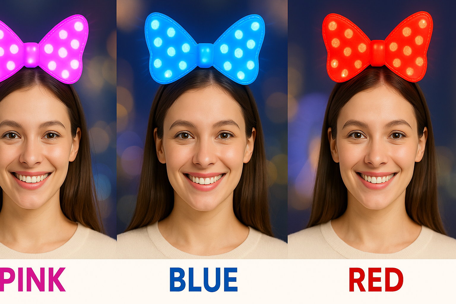 LED光る リボンカチューシャ（ピンク／ブルー／レッド） かわいく光る大きなリボンがポイントの「LED光るリボンカチューシャ」。 夜の遊園地、フェス、ライブ、テーマパークなど、暗い場所でふんわり光って写真映えバツグン。 子どもから大人まで楽...