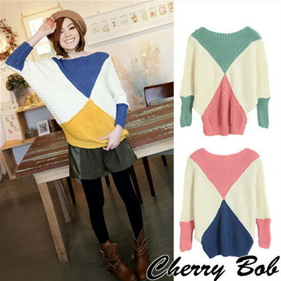 ガーリーなキャンディカラー切り替えパッチワーク風ニットプルオーバーです! ドルマンデザインになっており、細身のボトムと合わせたコーデにぴったり♪ カラバリ展開は、ブルー×イエロー、ミント×ピンク、ピンク×ブルーの3色になります。 ■サイズ：...